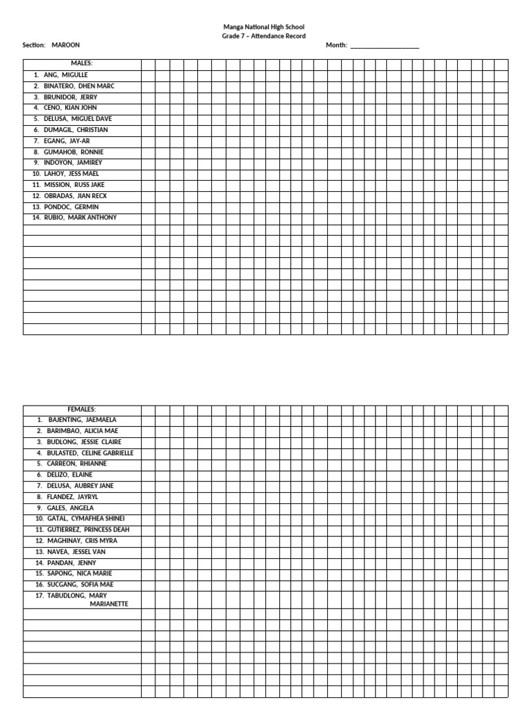 Attendance 2023 2024Maroon | PDF