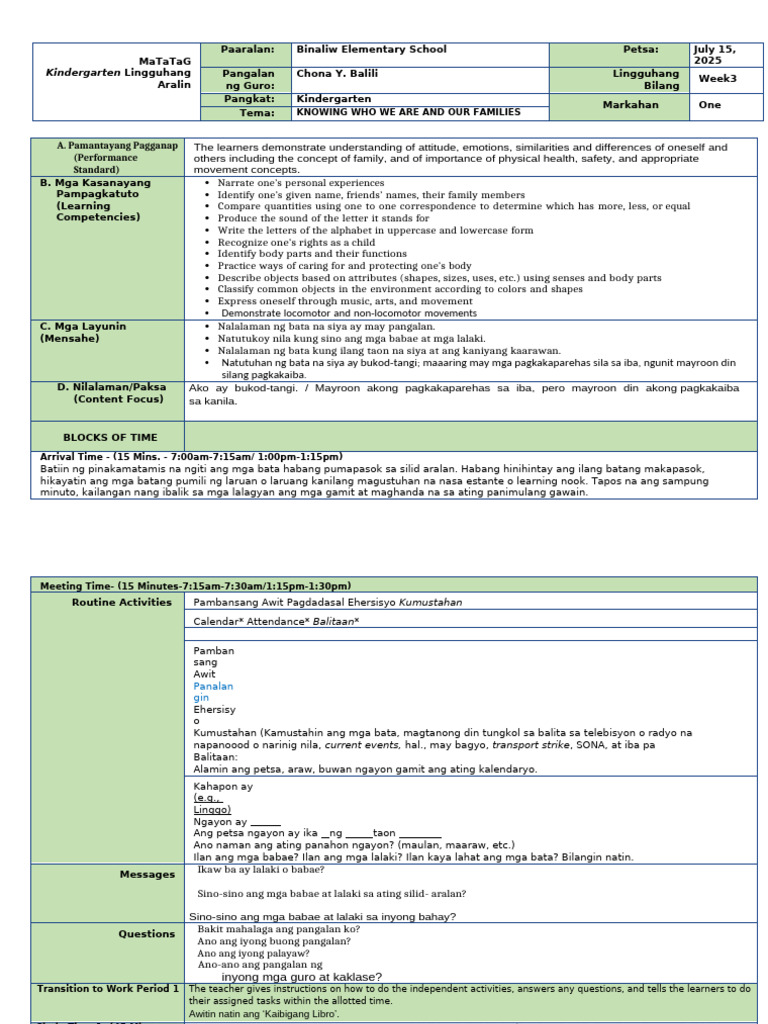 Kindergarten Daily Lesson Plan Quarter 2 Week 2 Day 2-Tuesday | PDF