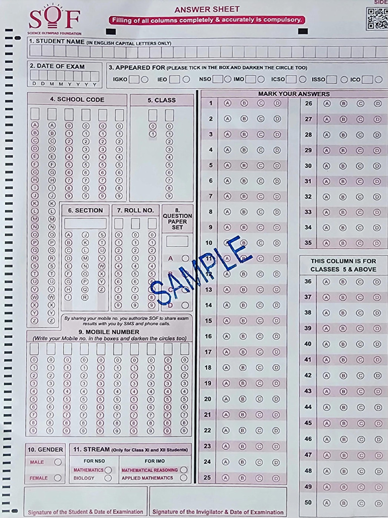 Sample Omr Sheet of Sof Exams | PDF