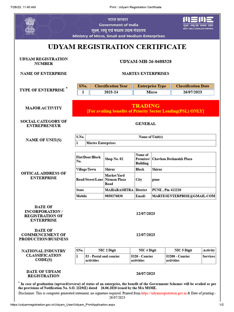 Print - Udyam Registration Certificate | PDF