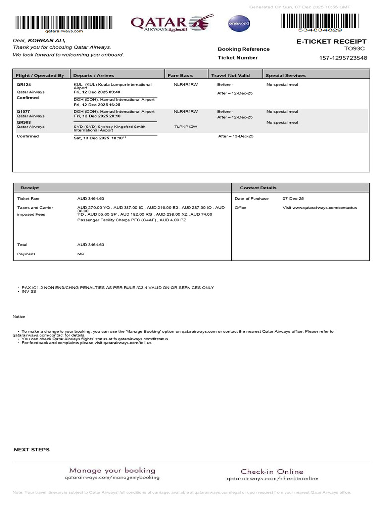 Australia E - Ticket - Receipt Korban Ali | PDF | Transport | Public ...