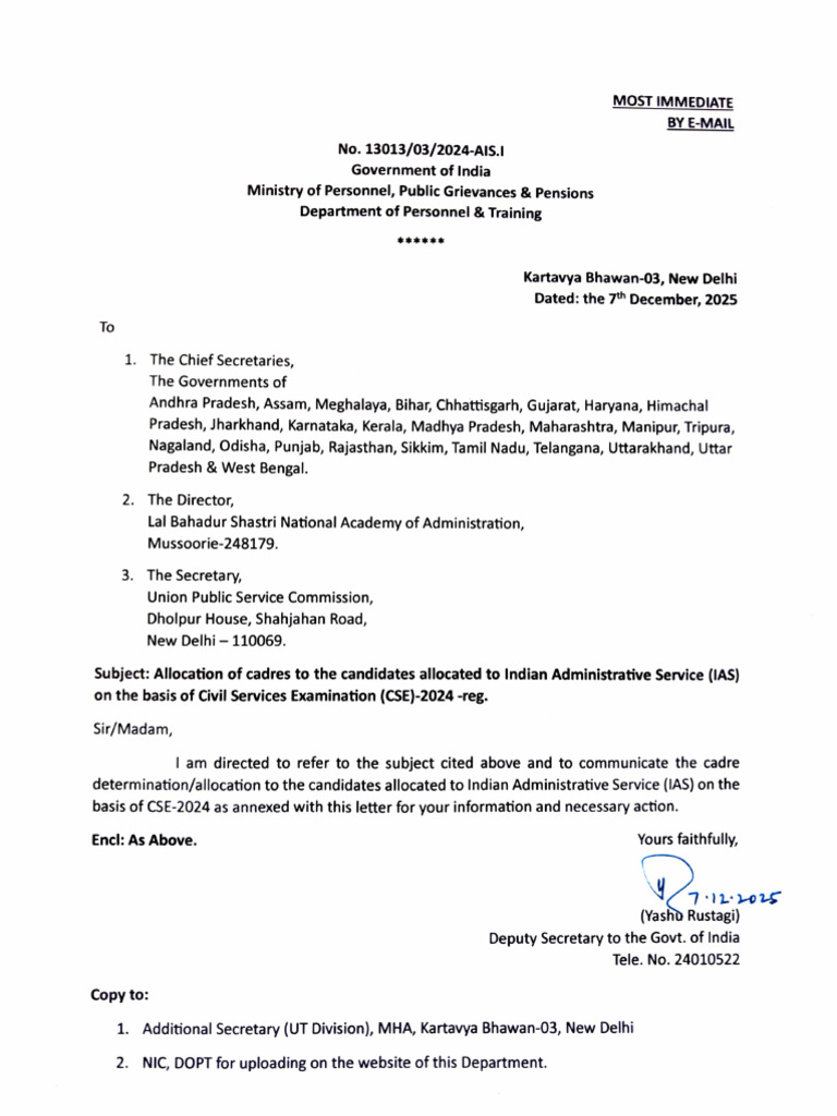 IAS Officers Cadre Allocation | PDF