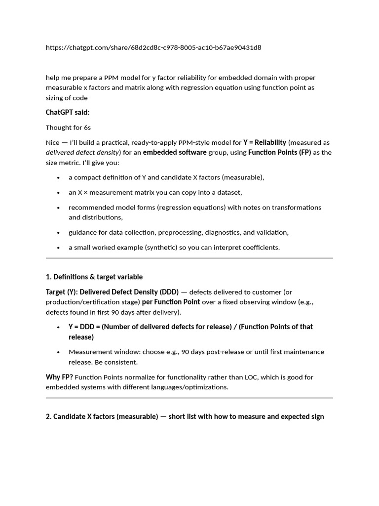 help me prepare a PPM model for y factor reliability for embedded ...