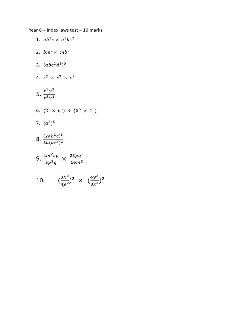 Y8 Index Laws Misc Test | PDF