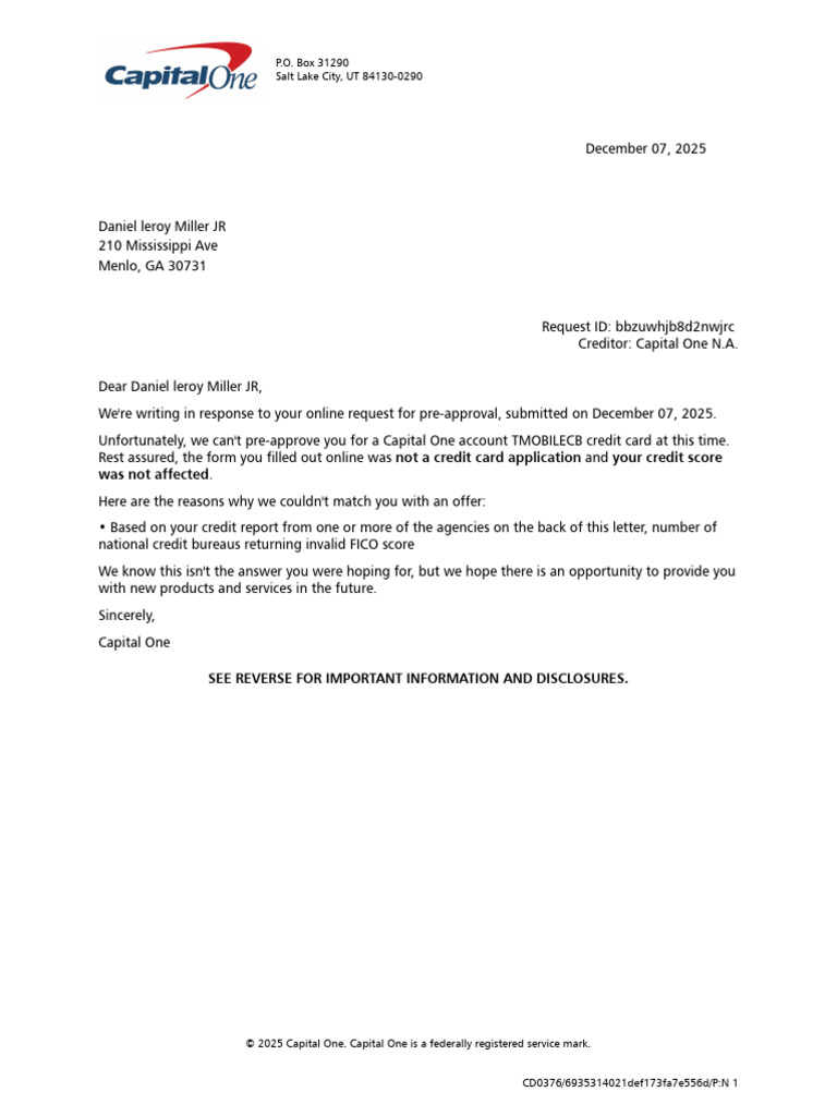 Capital One Pre-Approval Denial Notice | PDF | Credit History | Credit ...