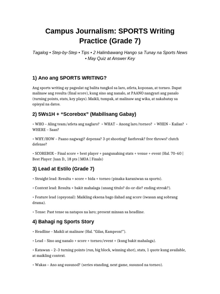 Campus Journalism Grade7 SPORTS Tagalog WithQUIZ | PDF