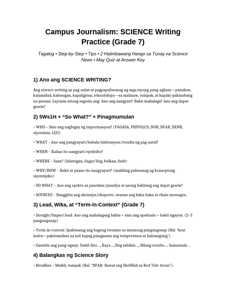 Campus Journalism Grade7 SCIENCE Tagalog WithQUIZ | PDF