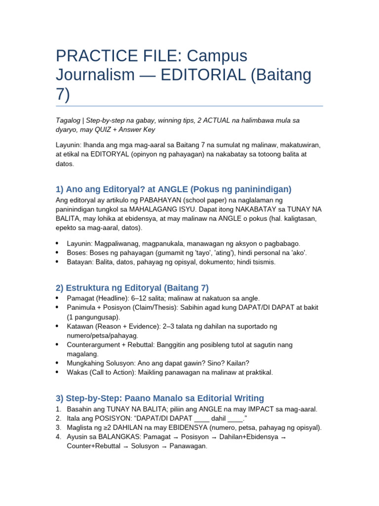 Campus Journalism Editorial Grade7 Practice File Tagalog 2dyaryo QUIZ | PDF