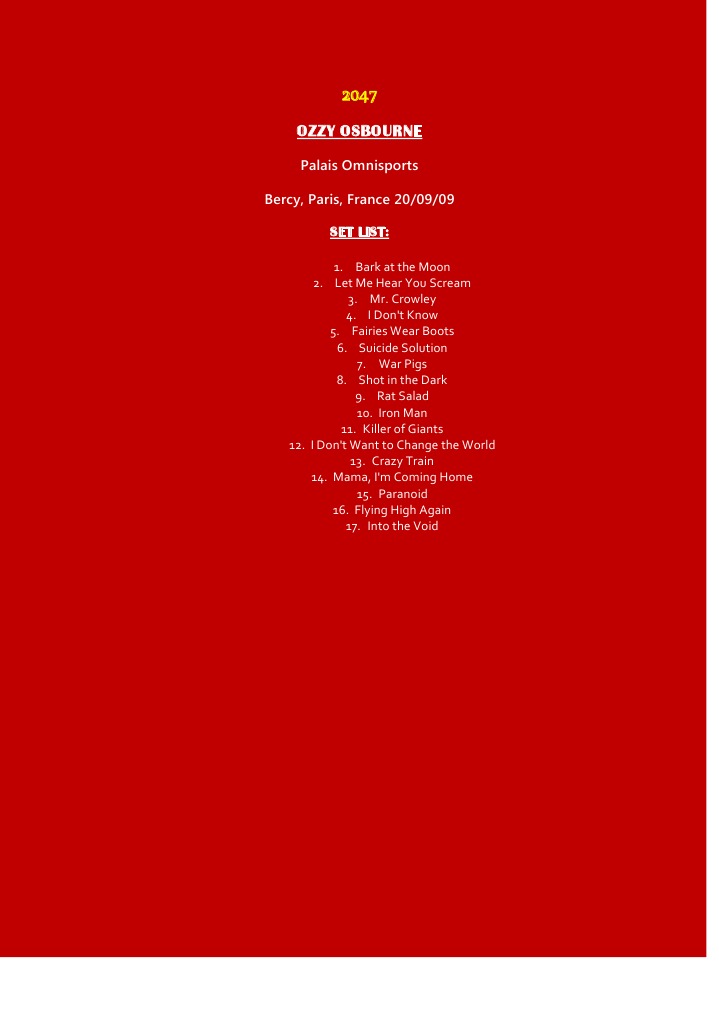 Ozzy Osbourne Concert Setlist 2009 | PDF