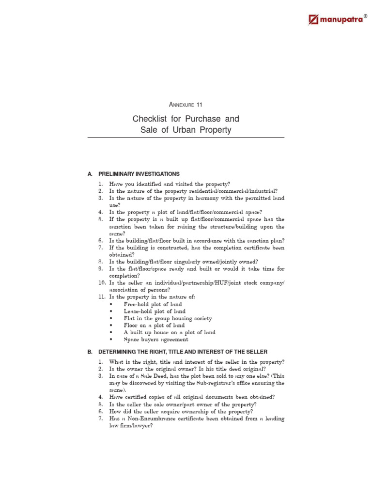 Urban Property Purchase Checklist | PDF | Lease | Deed