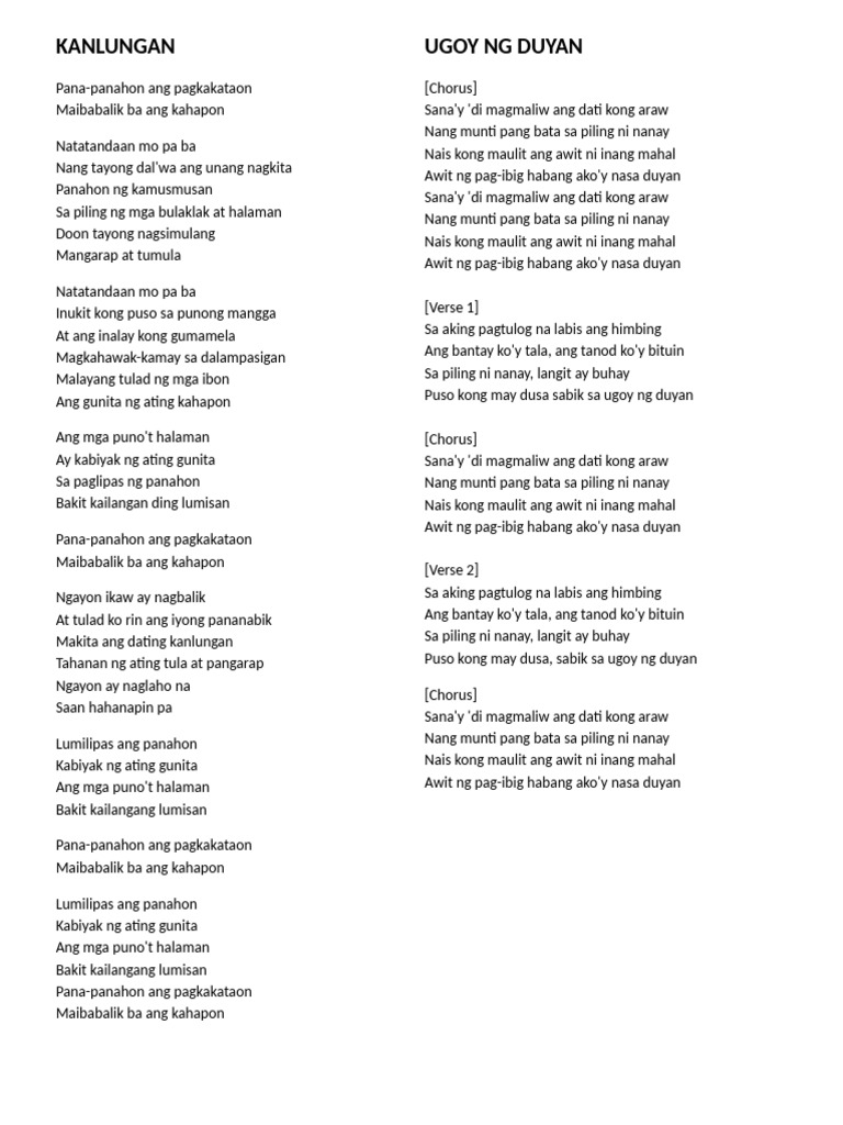 Kanlungan, Ugoy NG Duyan Lyrics | PDF