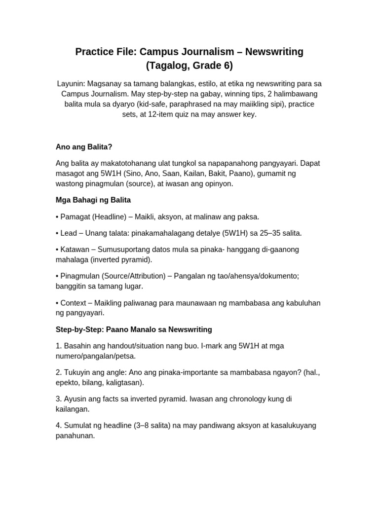 Practice Campus Journalism Newswriting Grade6 Tagalog With Quiz | PDF