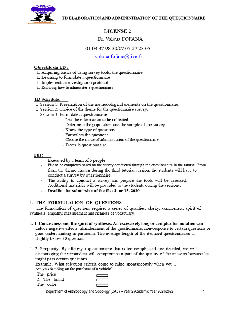 Td-Elaboration and Administration Questionnaire | PDF | Survey ...