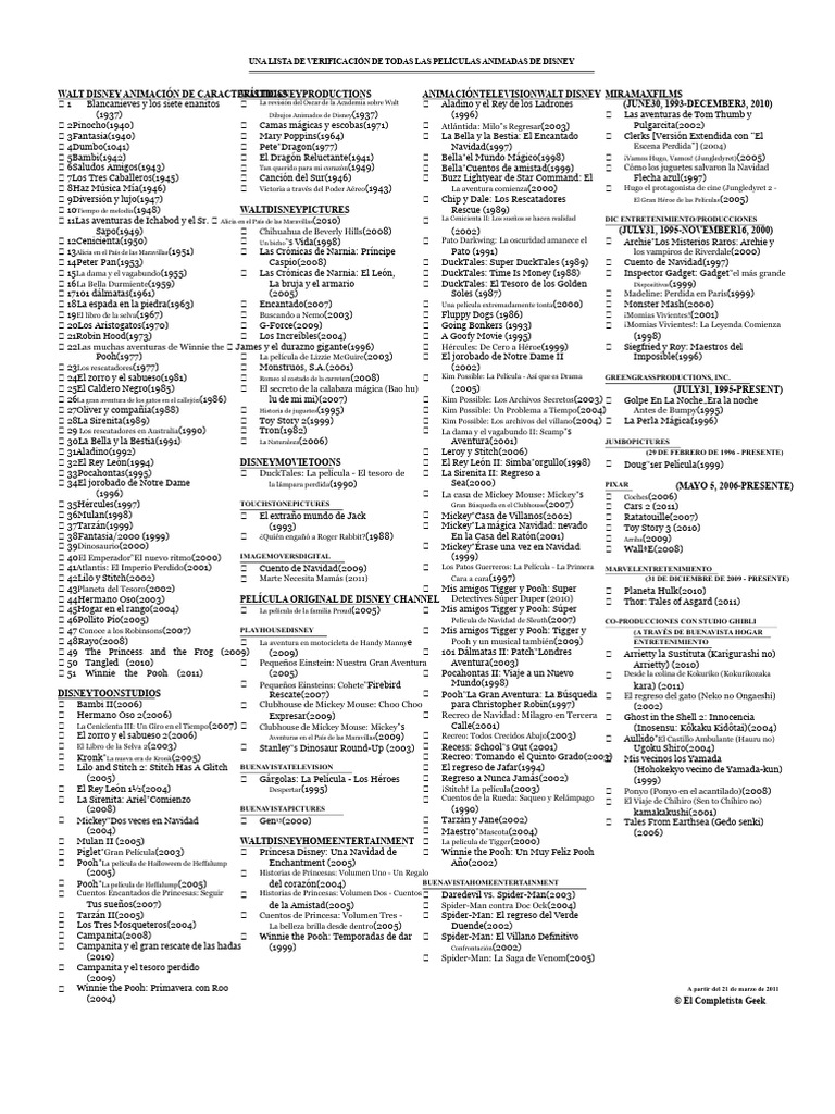 Lista de películas de Disney para geeks completistas | PDF | La ...