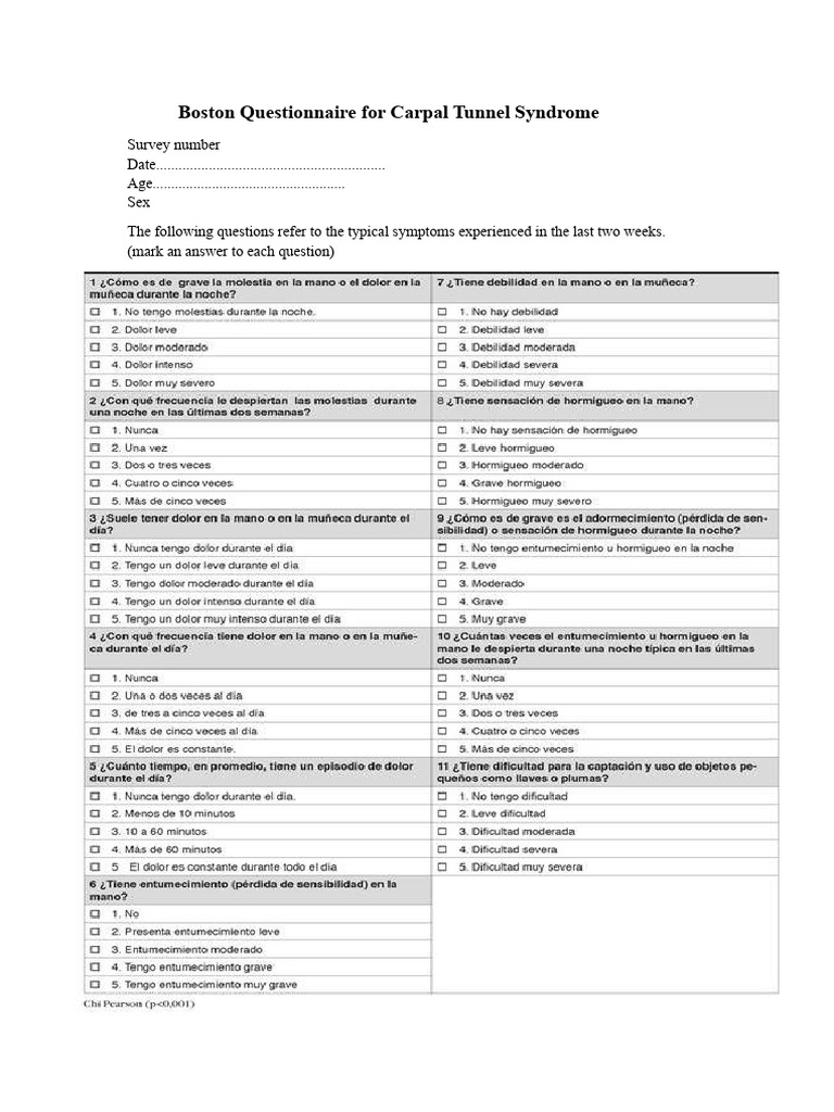 Boston Questionnaire for Carpal Tunnel Syndrome | PDF