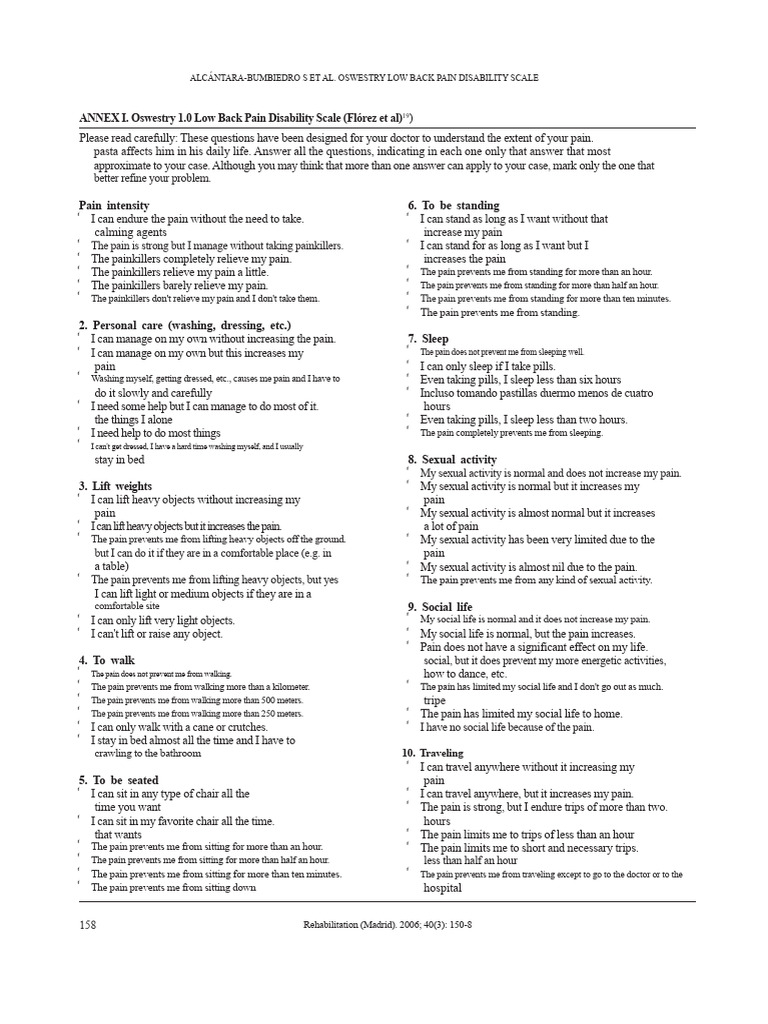 Oswestry Low Back Pain Disability Questionnaire | PDF | Back Pain | Low ...