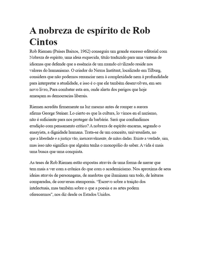 A Nobreza de Espírito de Rob Riemen | PDF | Humanismo | Nobreza