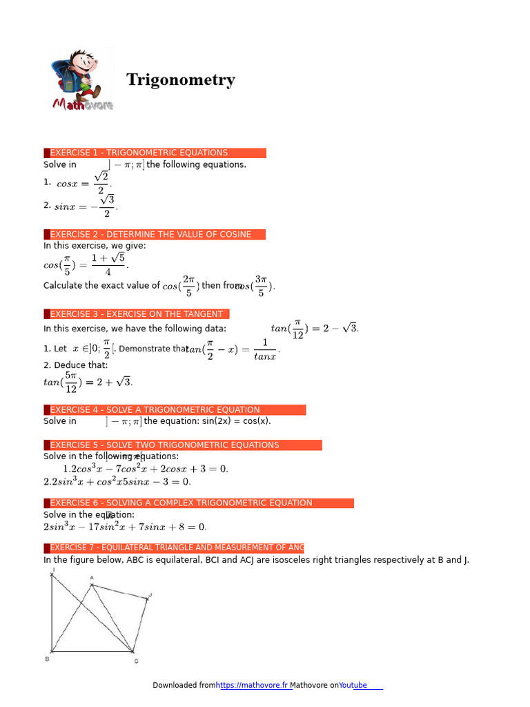 Trigonometry Math Exercises in 1st Year Solutions in PDF | PDF ...