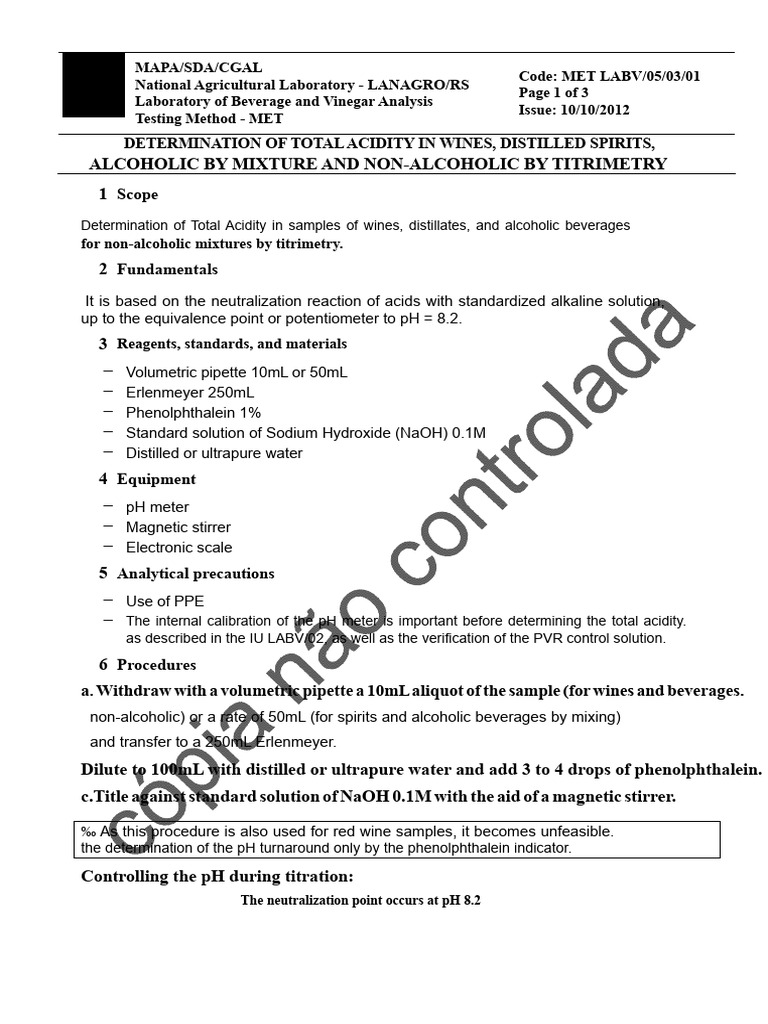 MET LABV-05-03 Determination of Total Acidity | PDF | Titration | Chemistry