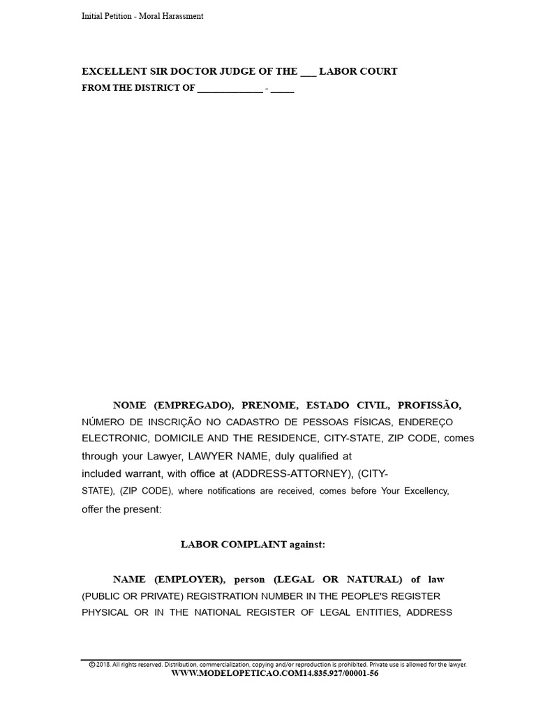 Initial Petition Model - Labor Action - Moral Harassment | PDF ...