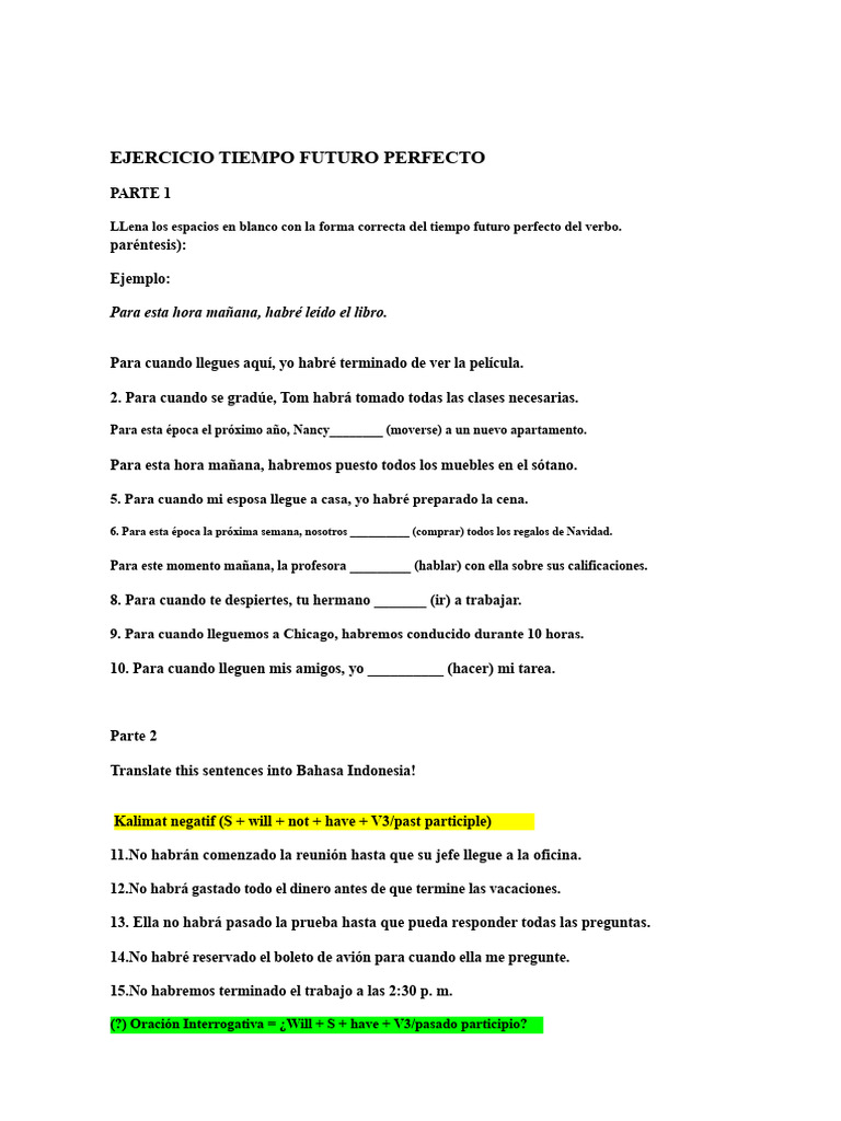 Ejercicio Tiempo Futuro Perfecto | PDF