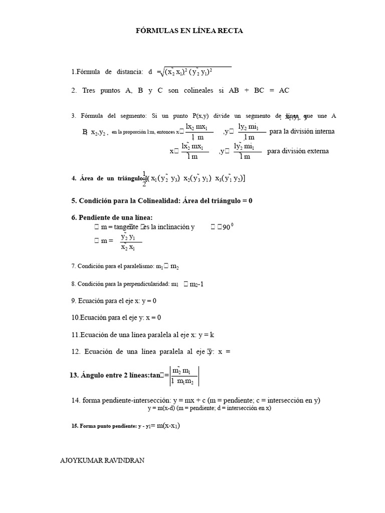 Fórmulas Clave de Línea Recta | PDF | Pendiente | Línea (geometría)
