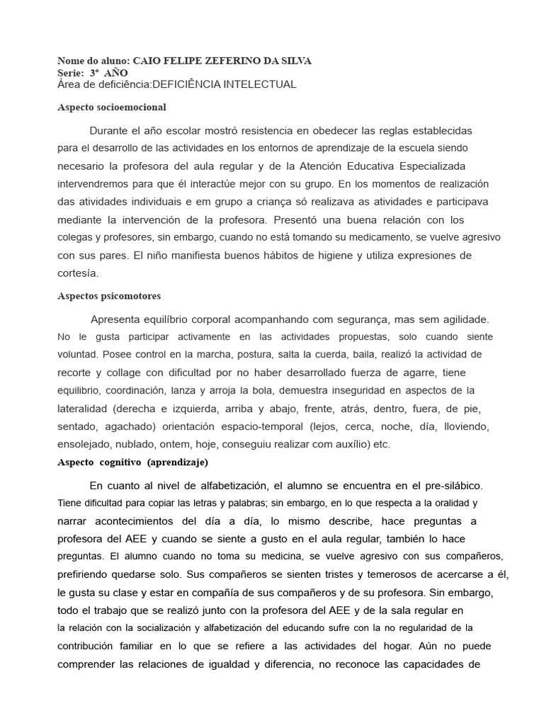 Informe sobre el progreso de Caio Zeferino | PDF | Ciencias del ...