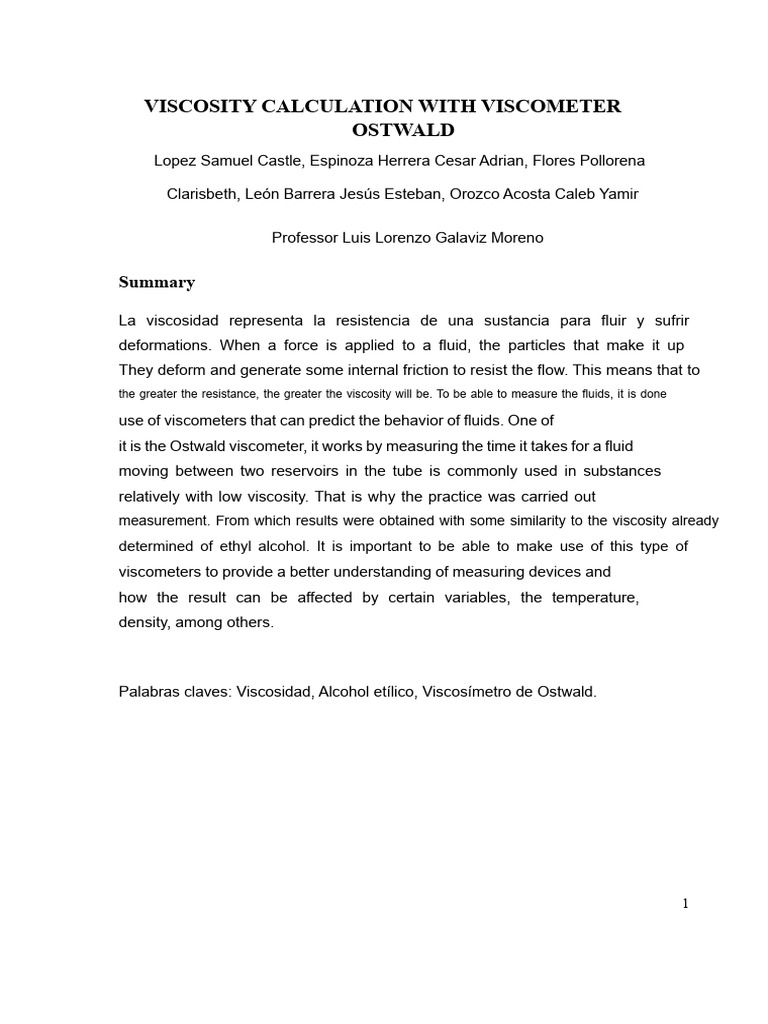 Calculation of Viscosity With Ostwald Viscometer | PDF | Viscosity ...