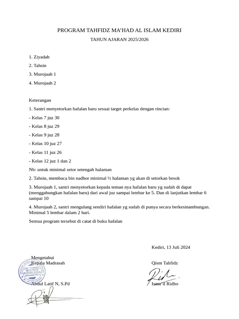 Program Tahfidz Ma'had Al Islam 2025/2026 | PDF