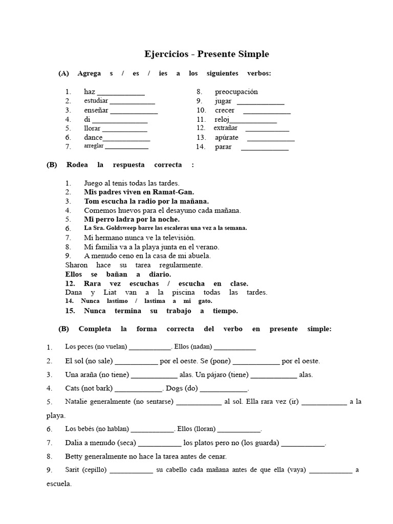 Ejercicios de Presente Simple en Inglés | PDF | Verbo