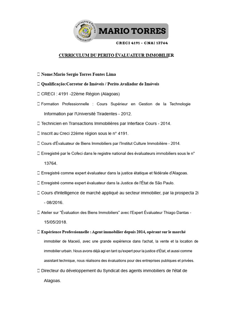 Curriculum de Mario Torres, Expert Immobilier | PDF