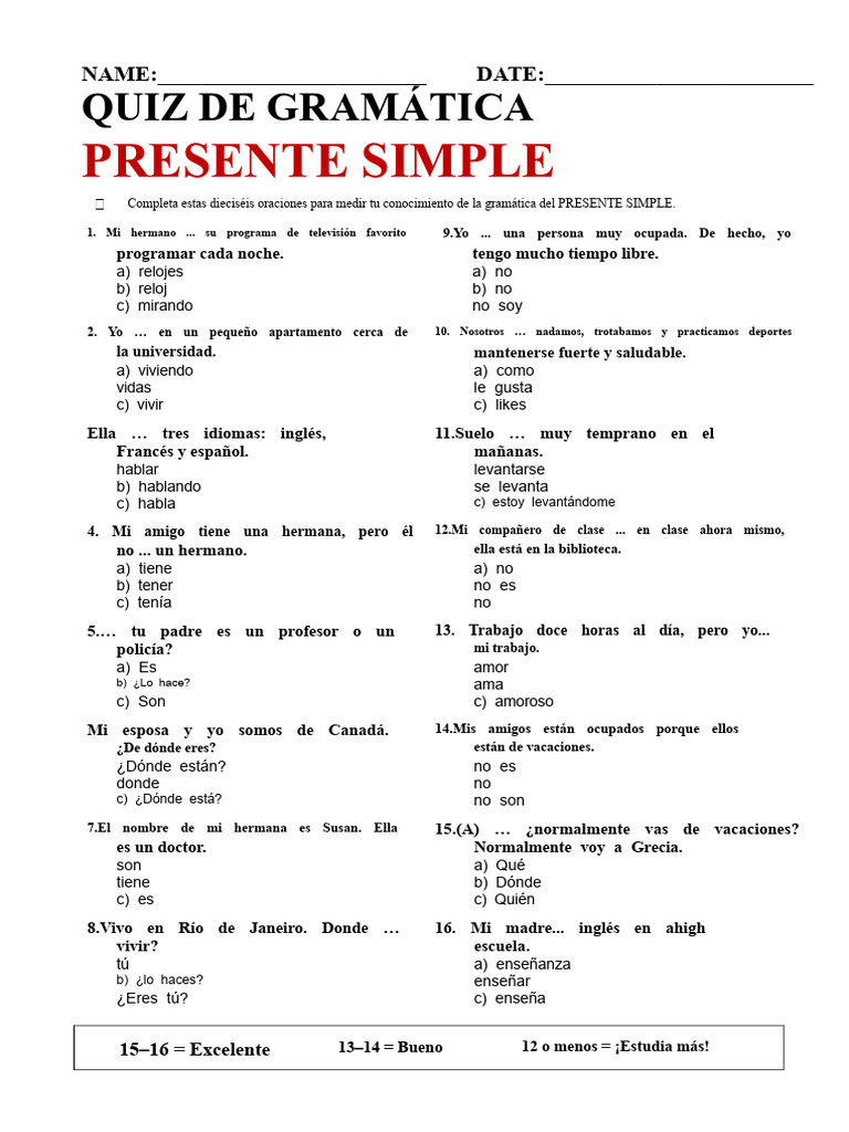 Presente Simple, Prueba de Gramática PDF | PDF