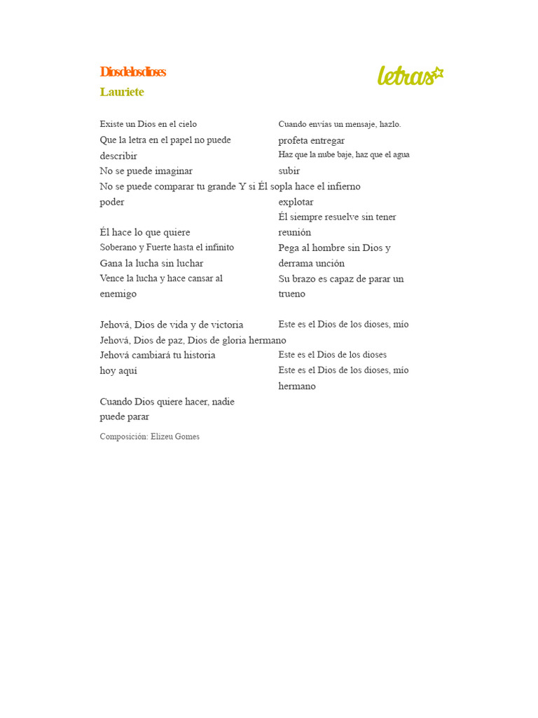 Dios de los dioses: Letra de Lauriete | PDF