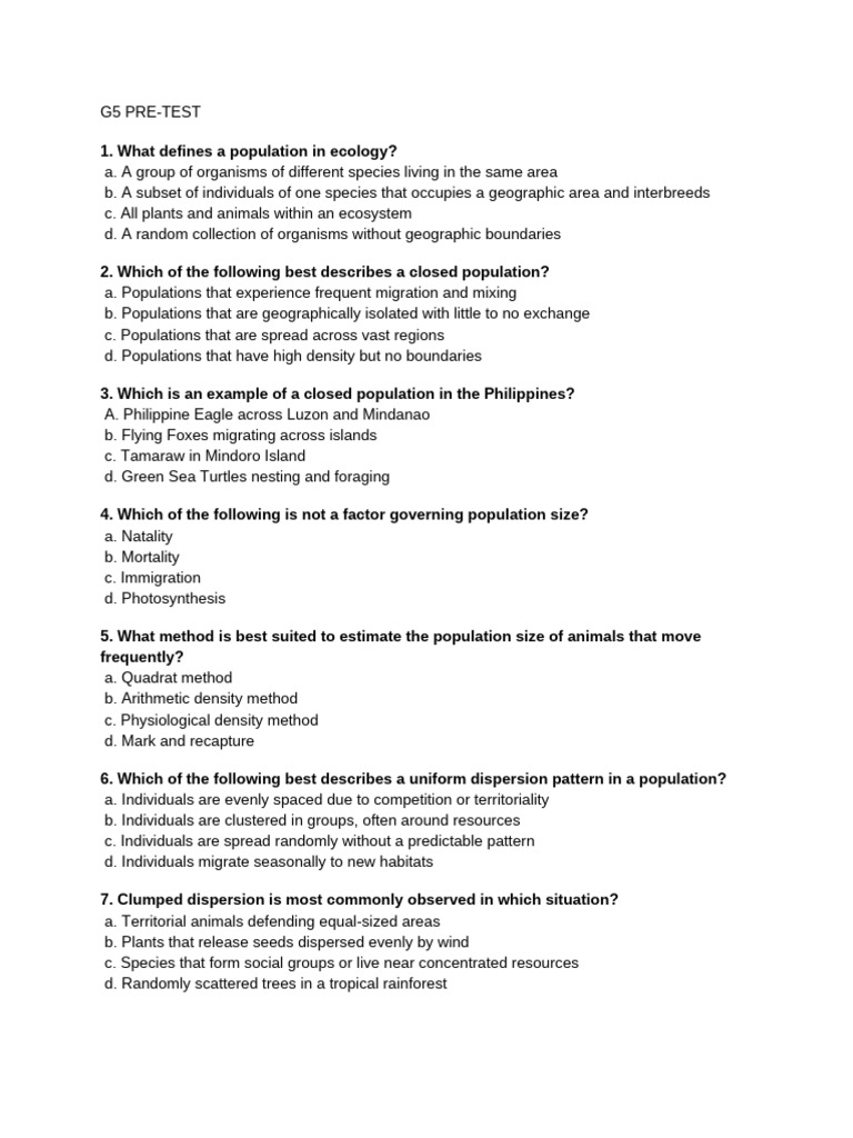 Ecology Population Dynamics Quiz | PDF | Biological Dispersal | Population