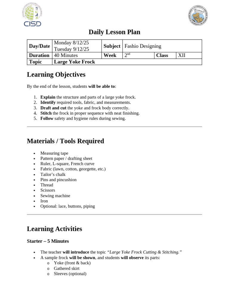 Fashion Designing Lesson Plans for Class XII | PDF | Seam (Sewing) | Sewing