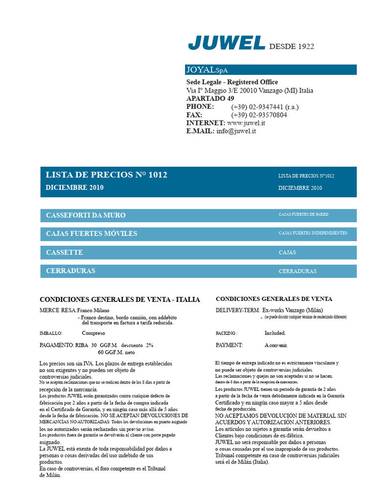 Lista de Precios Cajas Fuertes Juwel 2010 | PDF | Procesos industriales ...