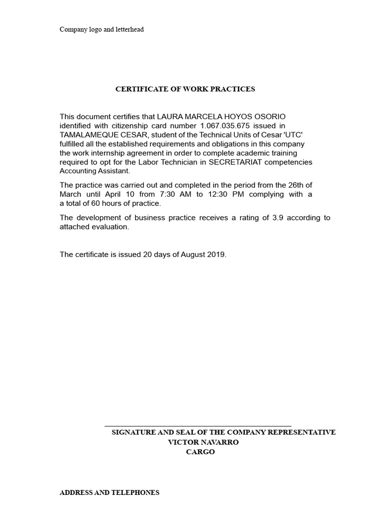 Certificate of Work Practices | PDF