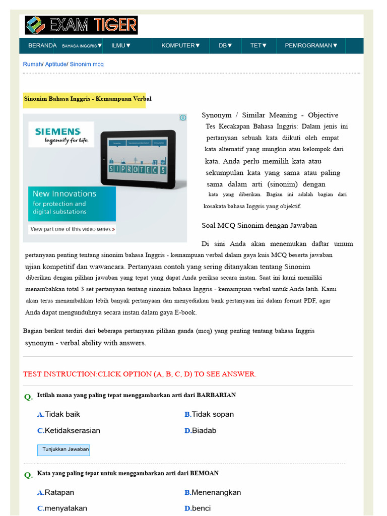 Sinonim Bahasa Inggris: Tes MCQ Verbal | PDF