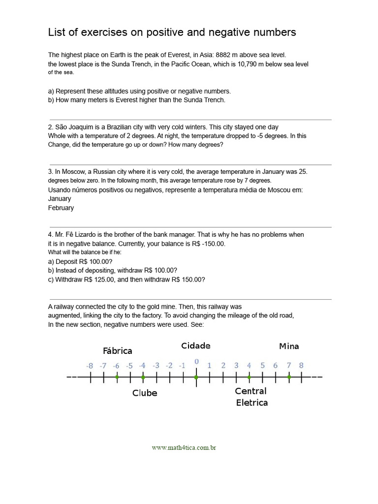 List of Exercises With Positive and Negative Numbers - Part 1 | PDF ...
