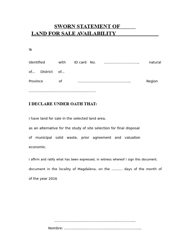 Sworn Statement for Land Sale Availability | PDF