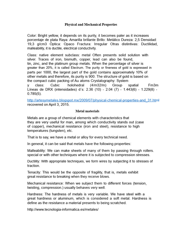 Physical and Mechanical Properties of Gold | PDF | Gold | Metals