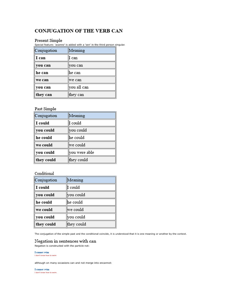 Conjugation Guide for the Verb "Can" | PDF | Semantics | Syntax