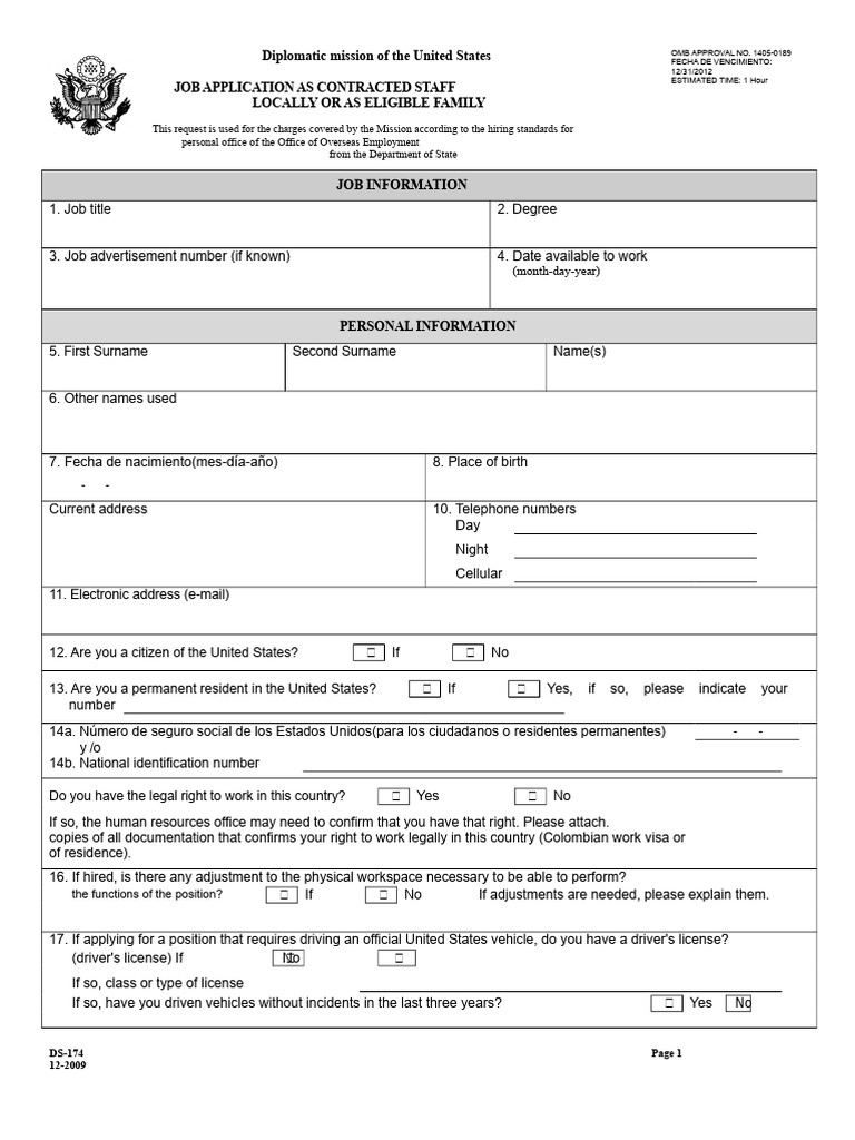 DS 174 Employment Application Form Spanish.doc | PDF | United States ...
