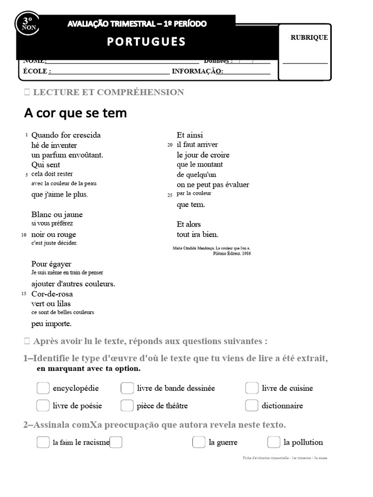 Évaluation Trimestrielle 3e Année | PDF | Nourritures