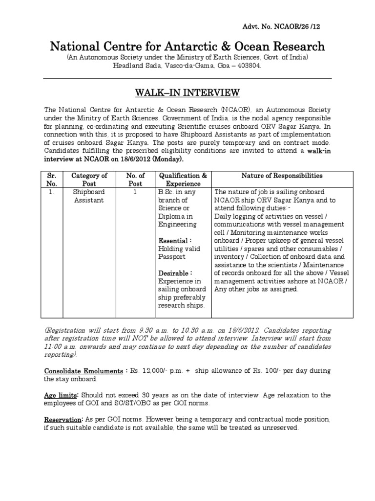 National Centre For Antarctic & Ocean Research: Walk-In Interview | PDF ...
