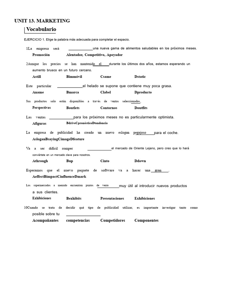VOCABULARIO DE MARKETING. EJERCICIOS | PDF | Marketing | Economias