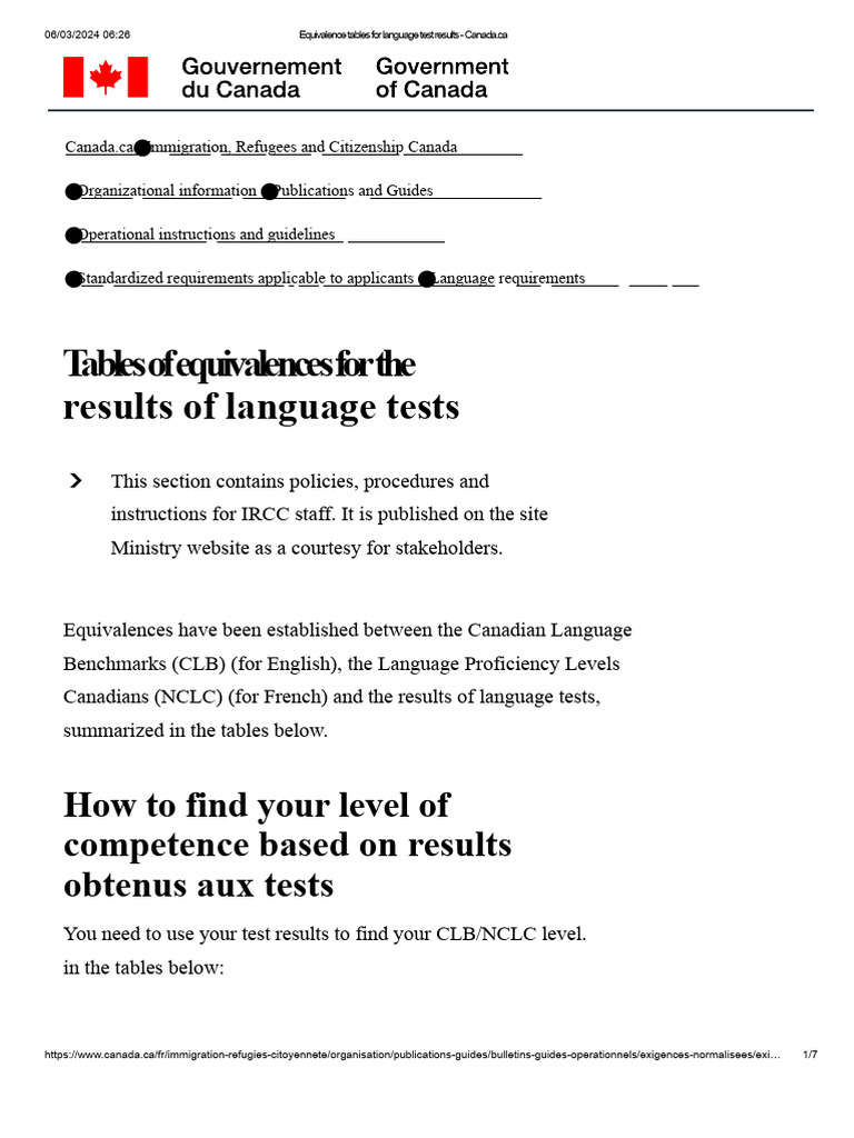Equivalence tables for language test results - Canada.ca | PDF | Human ...