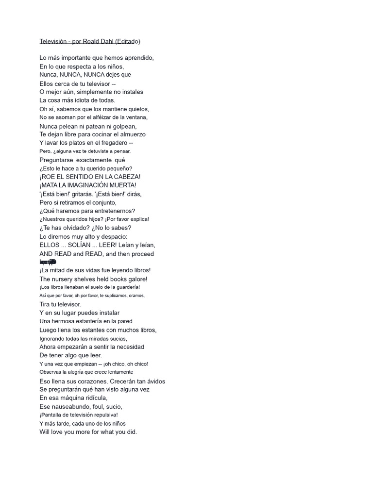 Televisión - Poema de Roald Dahl (Editado) | PDF