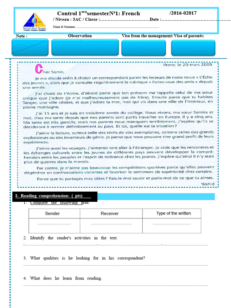 assignment-1-model-1-french-3rd-grade-semester-1 | PDF | Adjective ...