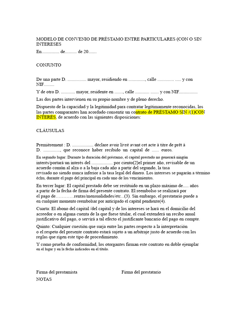 Contrato de préstamo entre particulares con o sin intereses UNIR s46771 ...